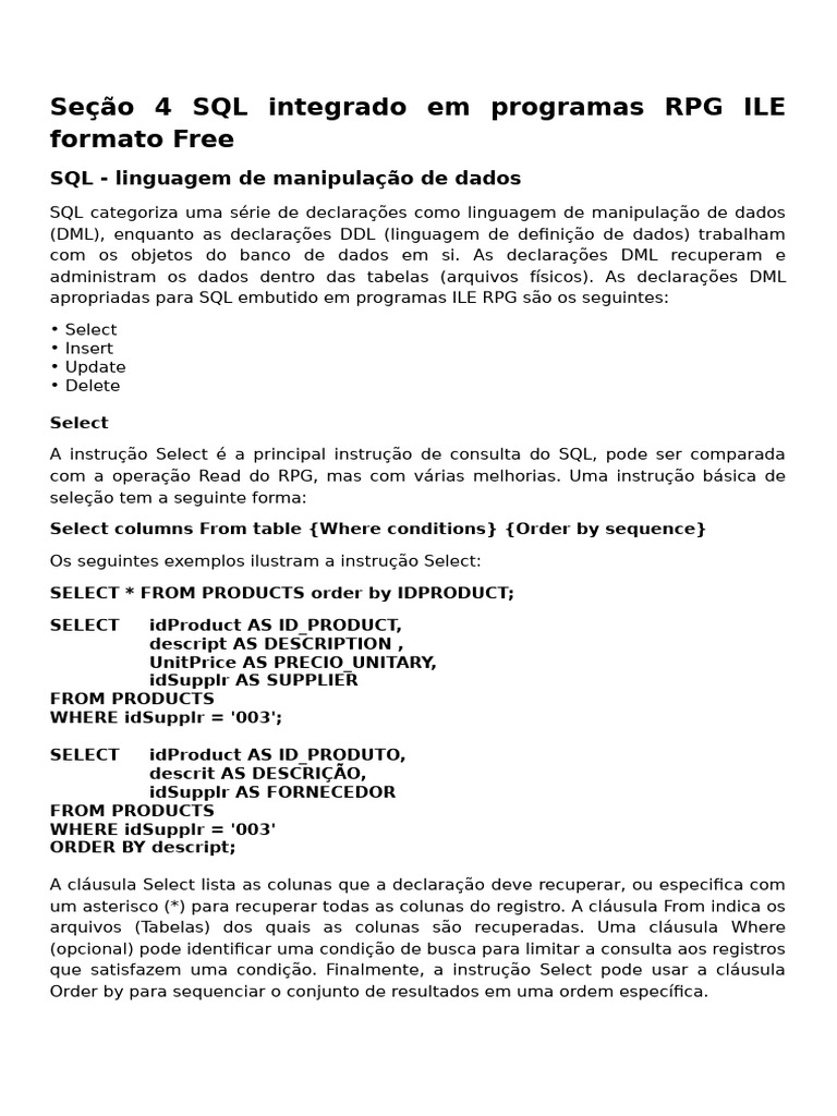 Seção 4 SQL Integrado em Programas RPG ILE Formato Free | PDF | SQL ...