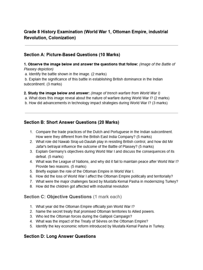 Grade 8 History Examination (World War 1, Ottoman Empire, Industrial ...