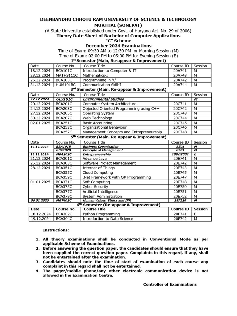 BCA December 2024 Exam Date Sheet | PDF | Information Technology ...