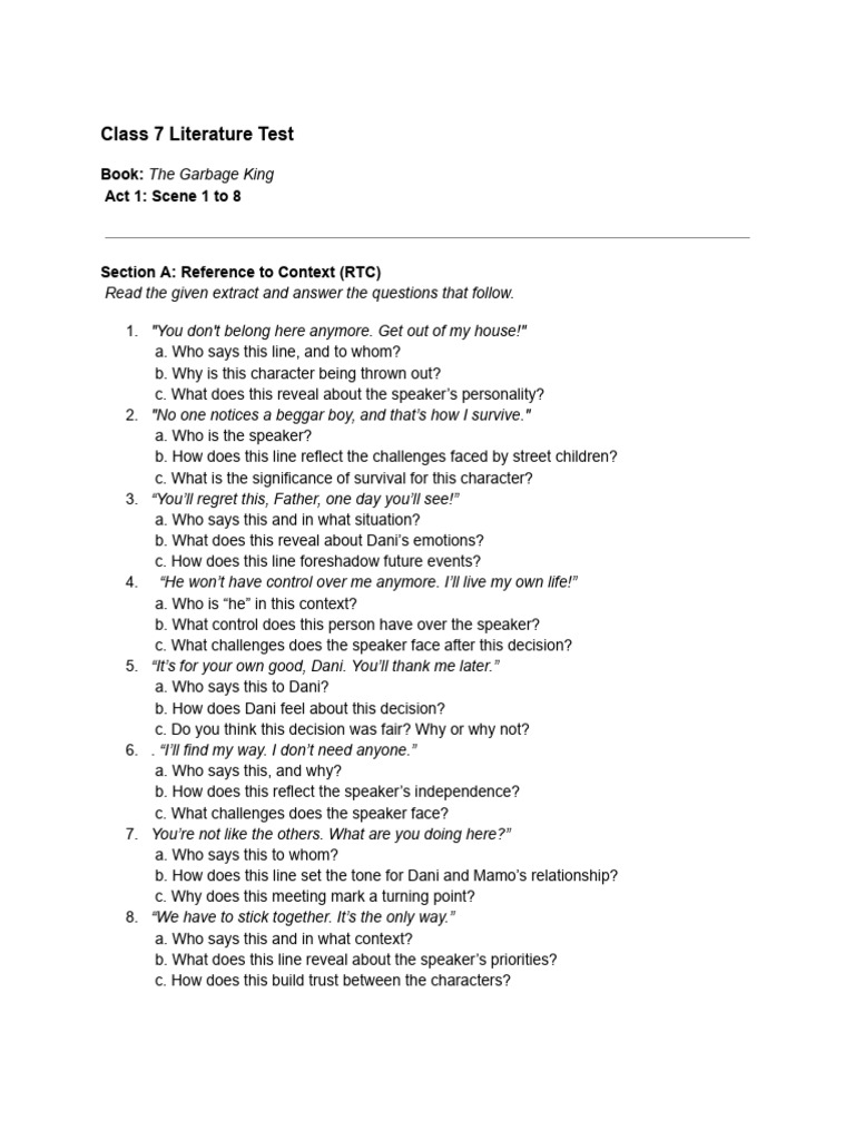 The Garbage King: Class 7 Test Guide | PDF | Psychological Concepts ...