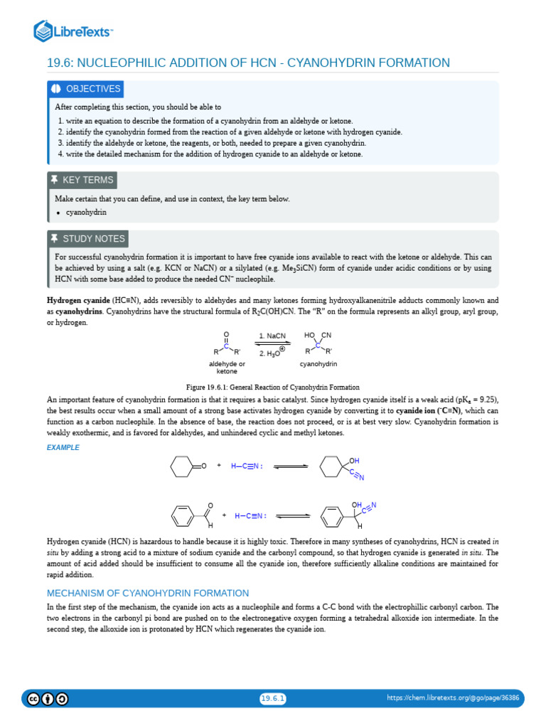 19.06 Nucleophilic Addition of HCN - Cyanohydrin Formation | PDF | Cyanide | Aldehyde