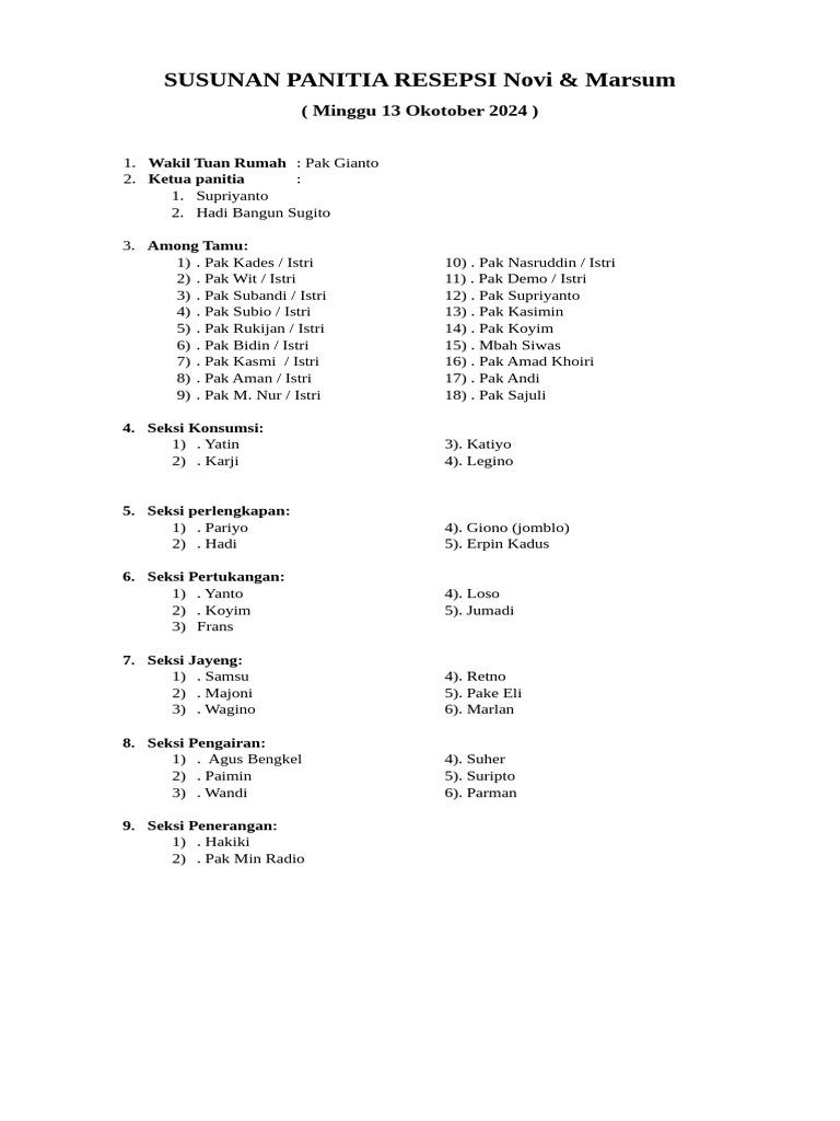 Susunan Panitia Resepsi | PDF