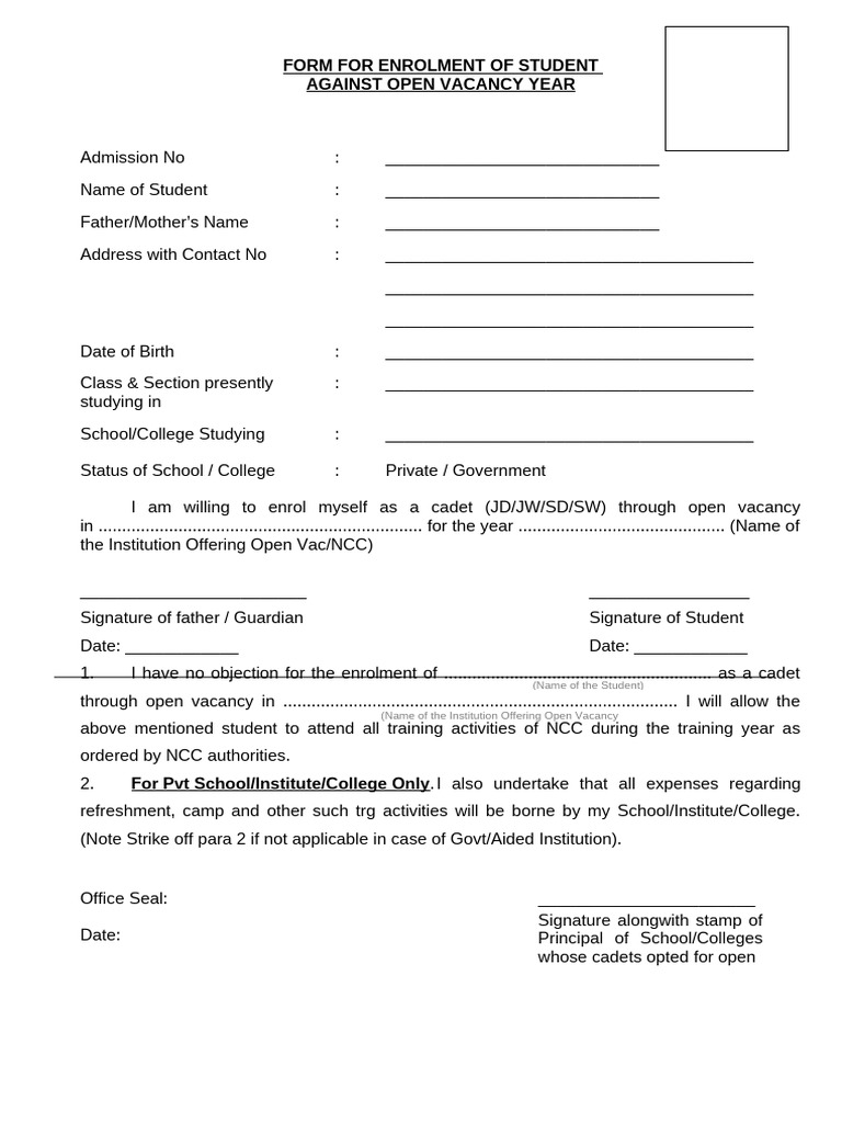 Student Enrollment Form for Open Vacancy | PDF | Military Education And ...