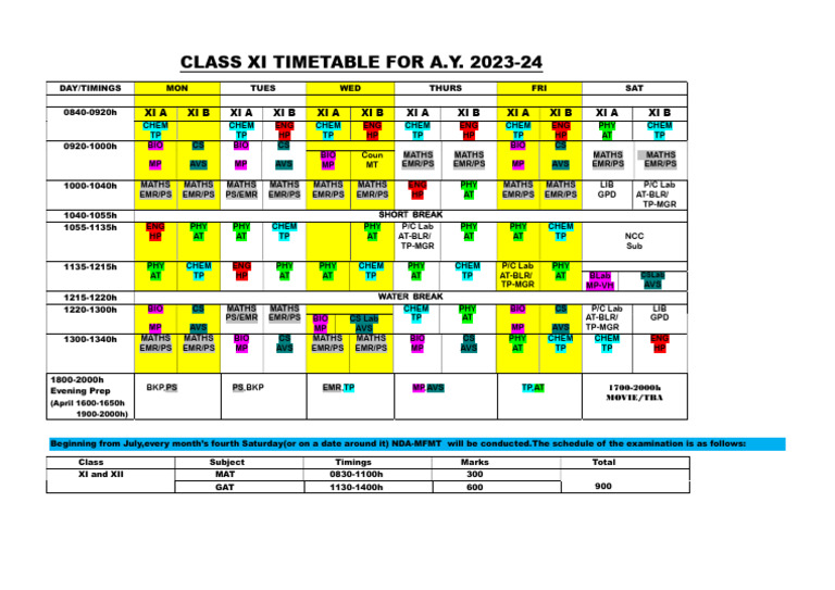 Class XI Timetable 2023-24 | PDF