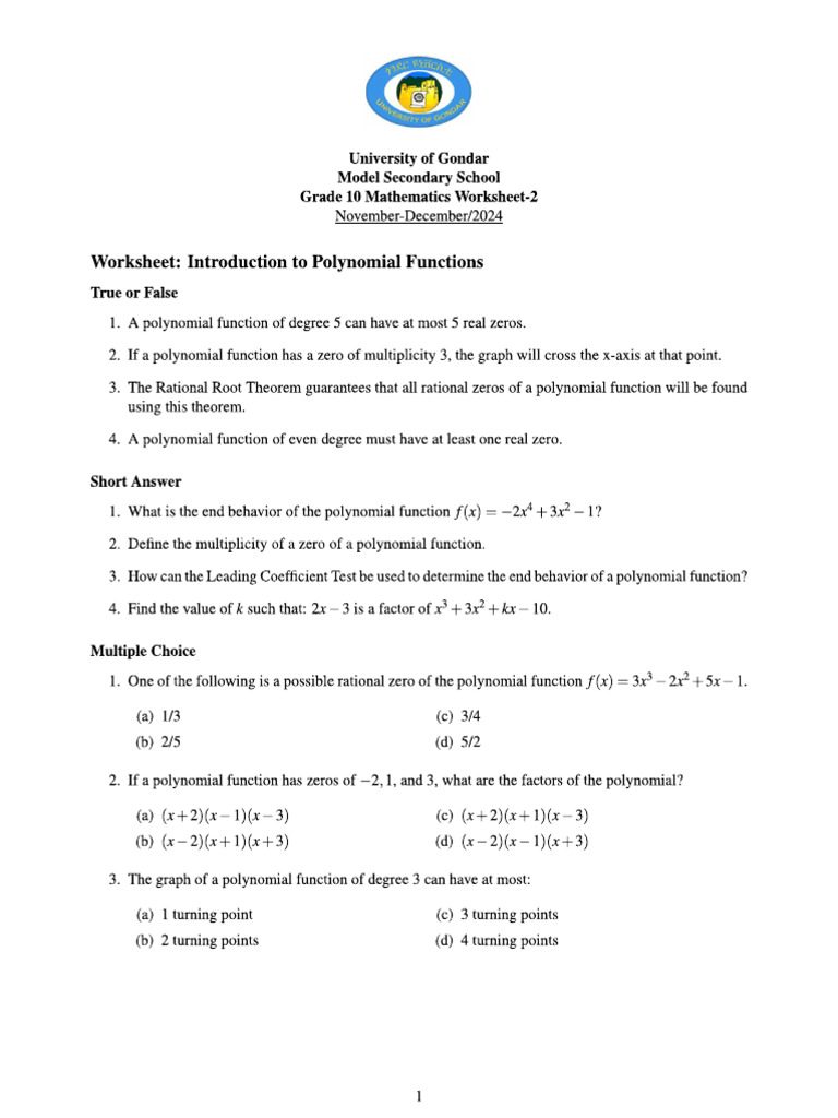 Grade-10 Math Worksheet-2 | PDF
