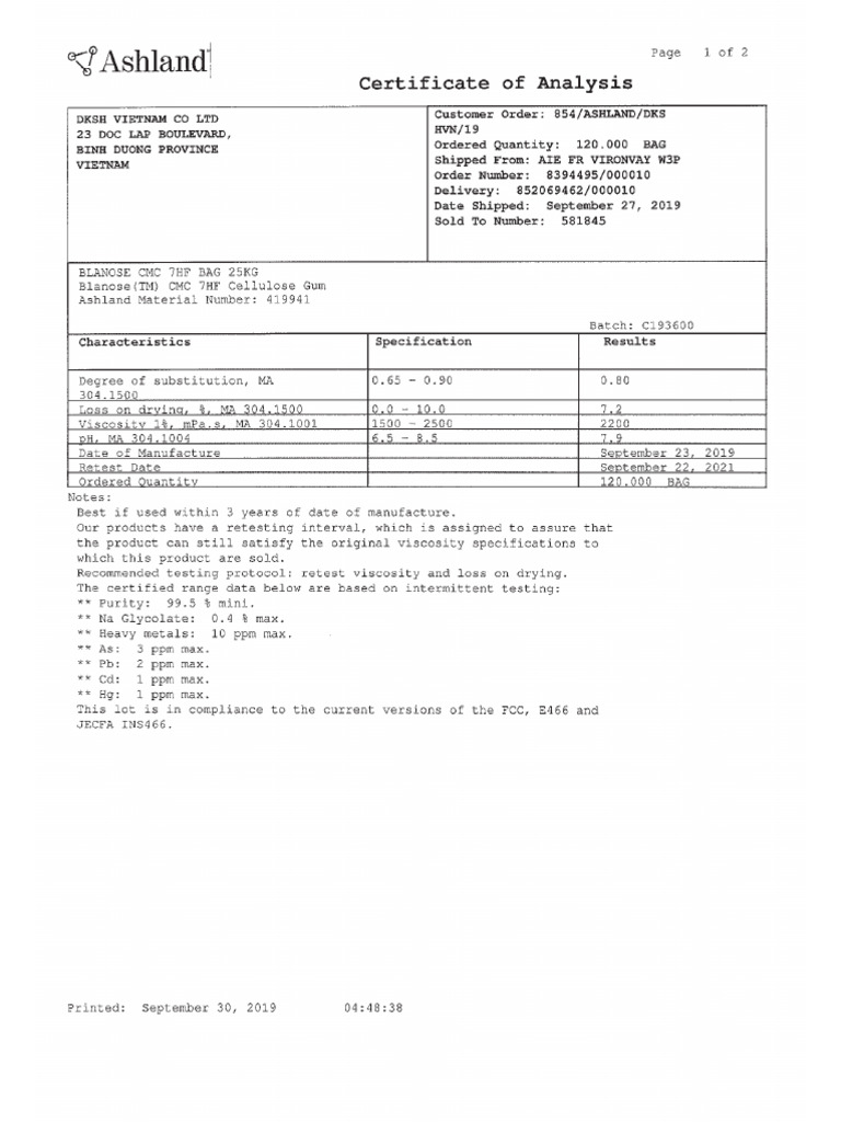 Blanose CMC 7HF (25KG - Bag) - C193600 | PDF