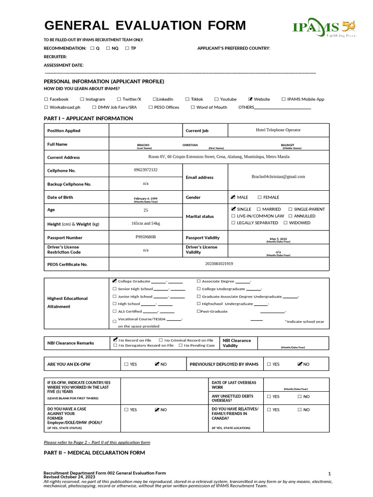 Recruitment Evaluation Form 2023 | PDF | Privacy | Recruitment