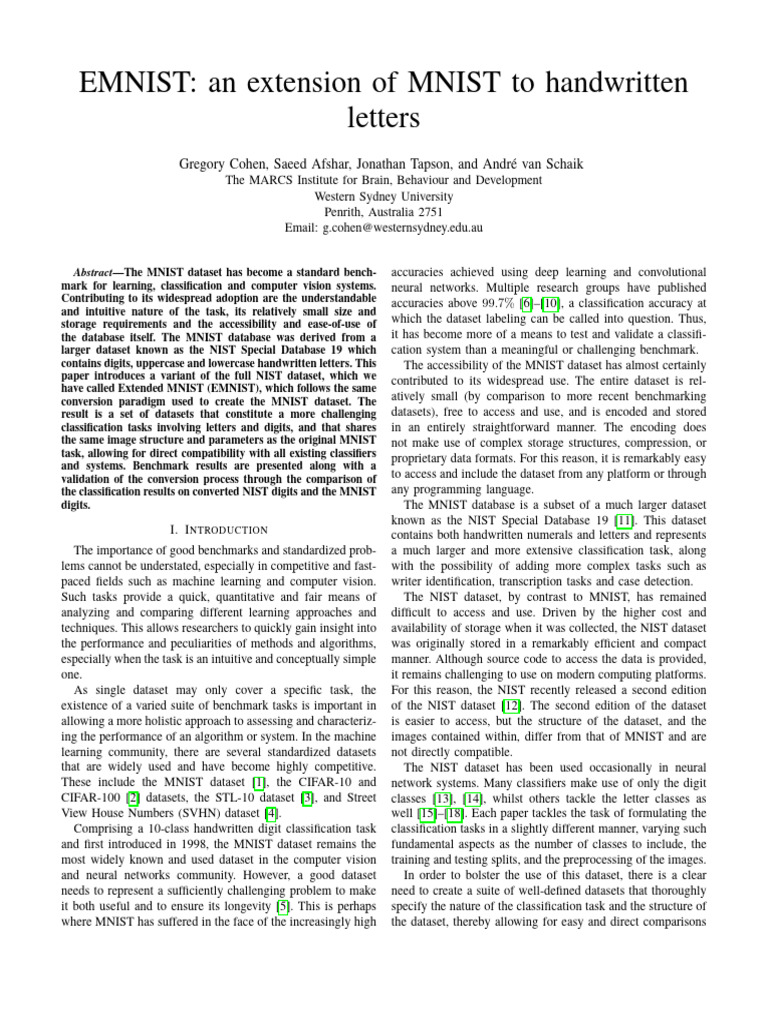 EMNIST: Extended MNIST for Letters | PDF | Artificial Intelligence ...