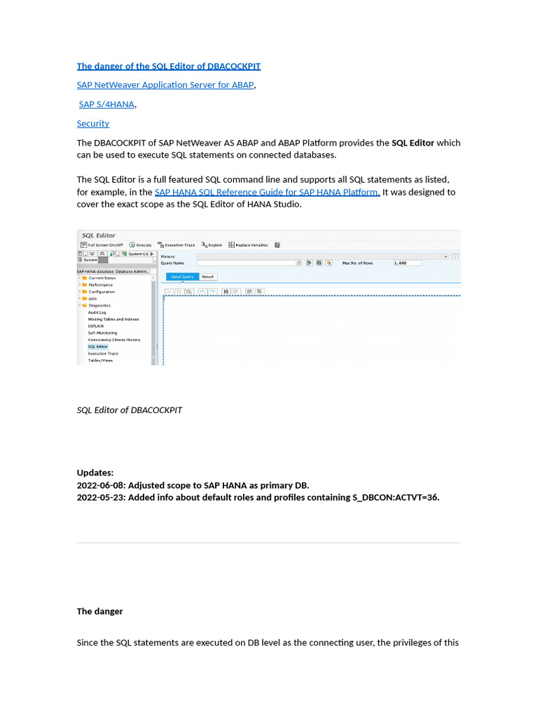 The danger of the SQL Editor of DBACOCKPIT | PDF | Sql | Databases