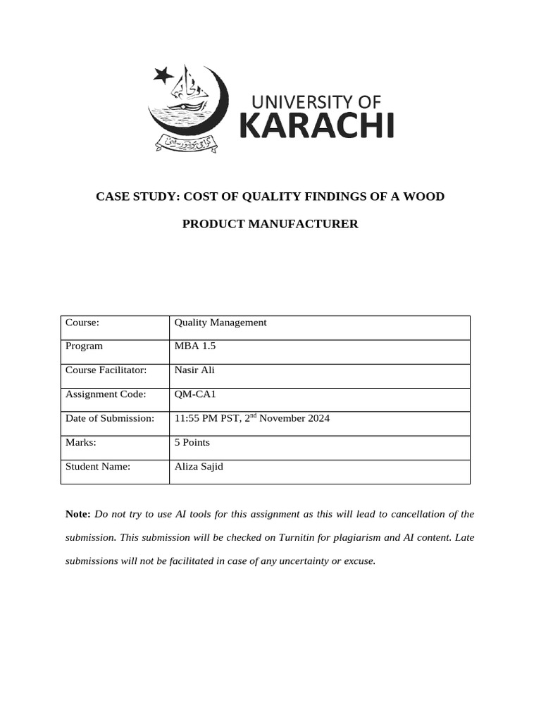Assignment 1 - Cost of Quality Findings of A Wood Product Manufacturer ...