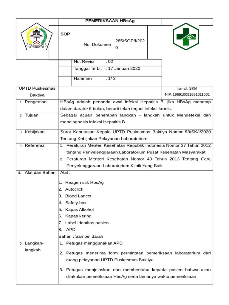 '20 8.1.1.1 SOP PEMERIKSAAN HBsAg | PDF