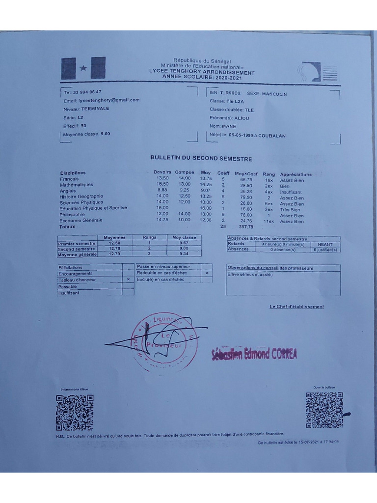 Bulletin Terminale 2nd Semestre | PDF