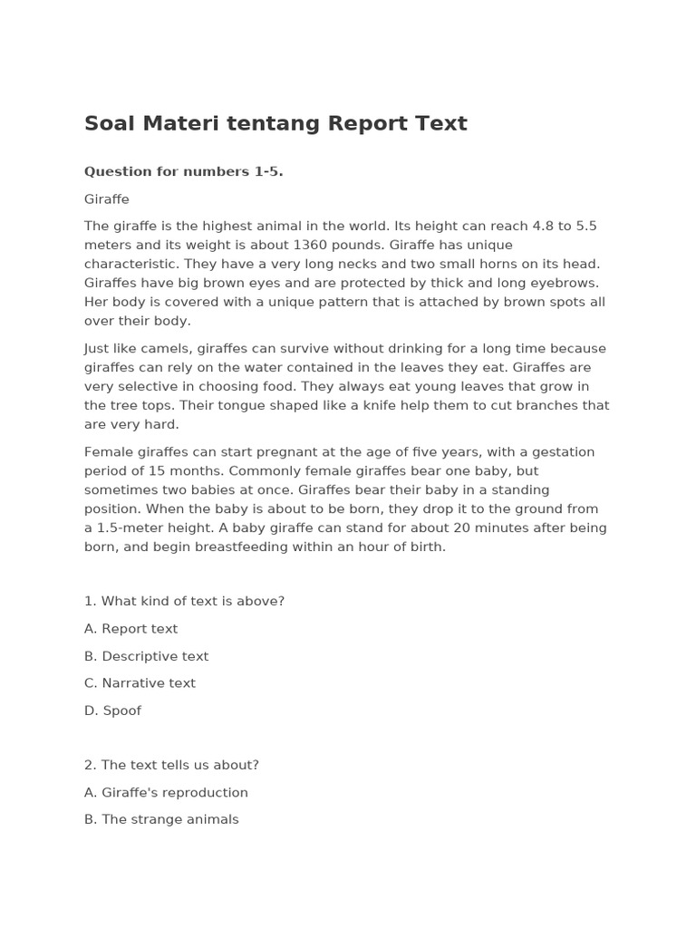 Soal Materi Tentang Report Text 15 Soal | PDF | Giraffe
