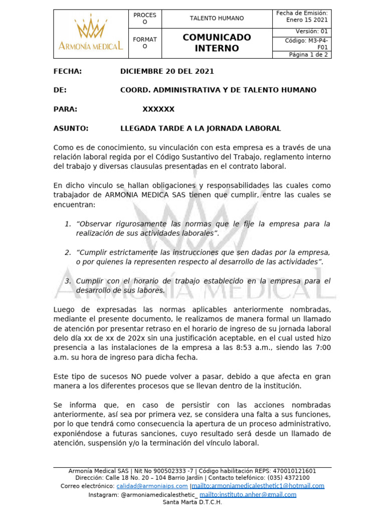 LLAMADO DE ATENCIÓN POR LLEGADA TARDE | PDF