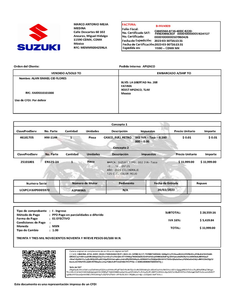 Factura Suzuki - Marco Antonio Mejía | PDF | Comercio | Dinero