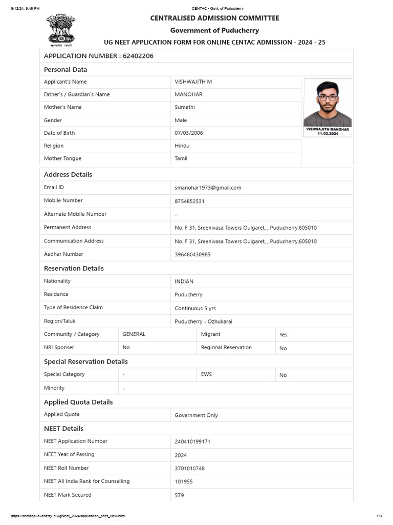 CENTAC UG NEET Admission Application 2024 | PDF