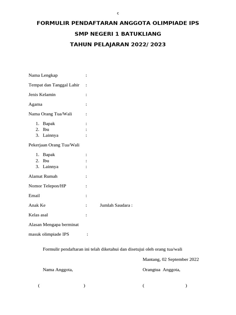 Formulir Pendaftaran Anggota Pramuka Pen | PDF