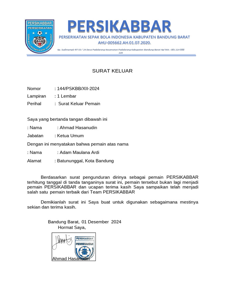SURAT-KELUAR-PEMAIN-ADAM-M | PDF