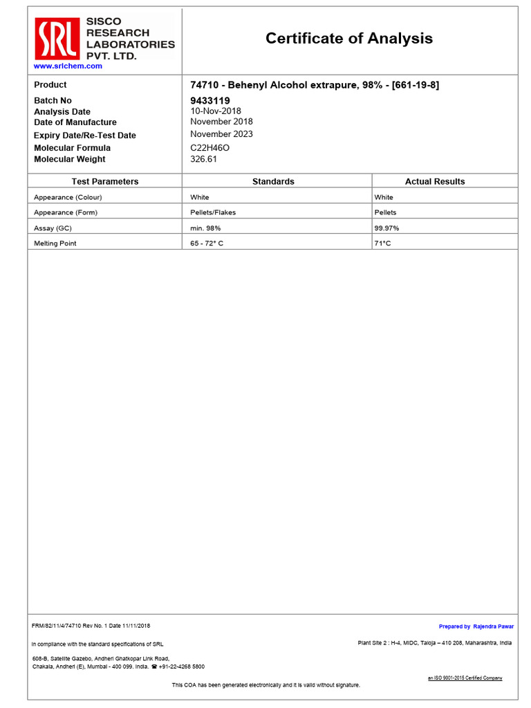 Behenyl Alcohol Certificate of Analysis | PDF