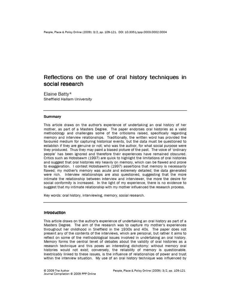 Oral History in Social Research Methods | PDF | Oral History | Experience