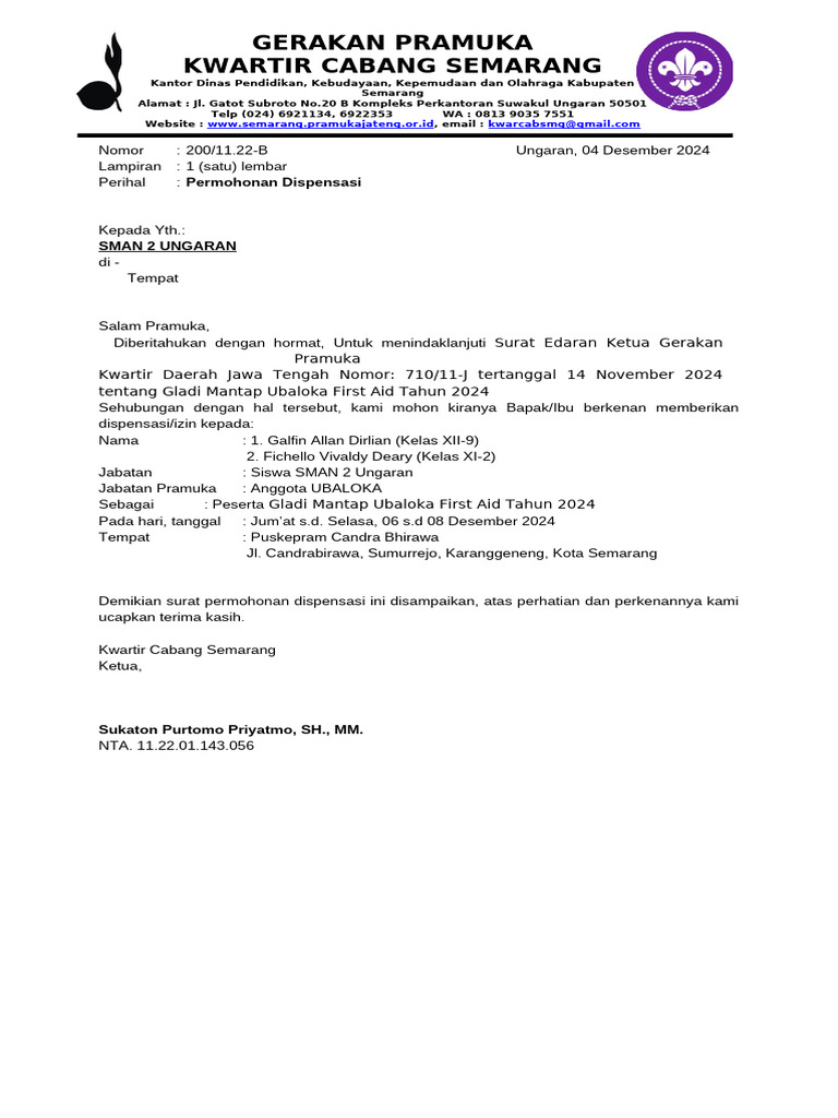 Draf Surat Dispen GM SMAN 2 Ungaran | PDF