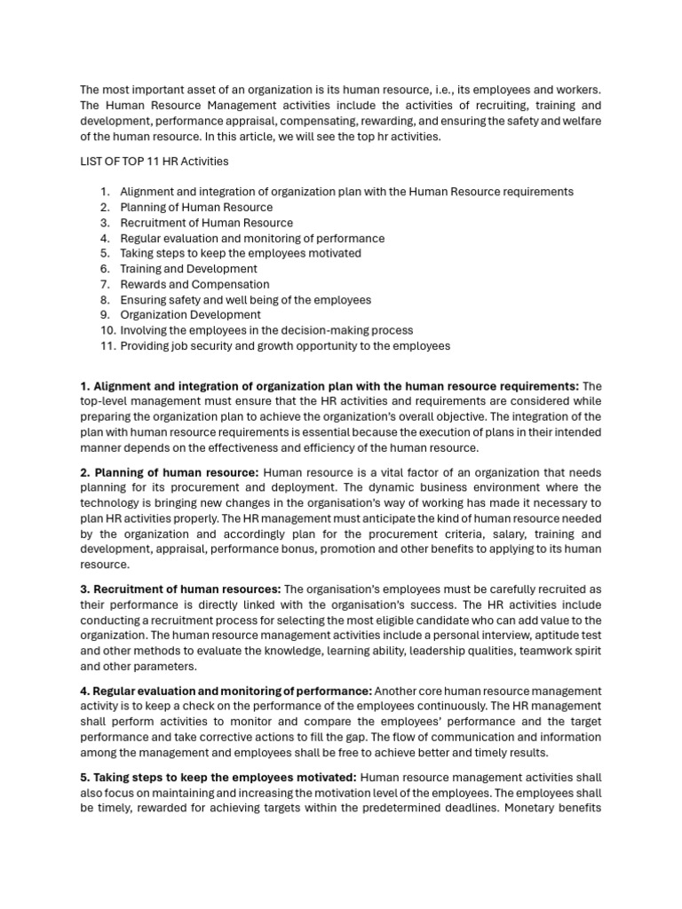 LIST OF TOP 11 HR Activities | PDF | Human Resources | Employment