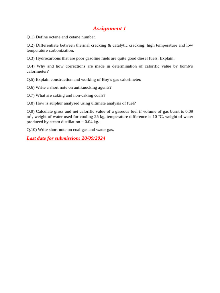 Fuel Chemistry Assignment | PDF