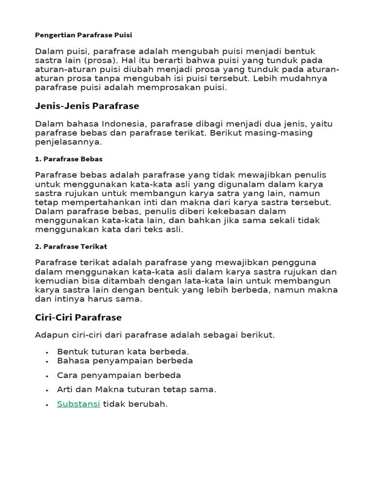 Pengertian Parafrase Puisi | PDF
