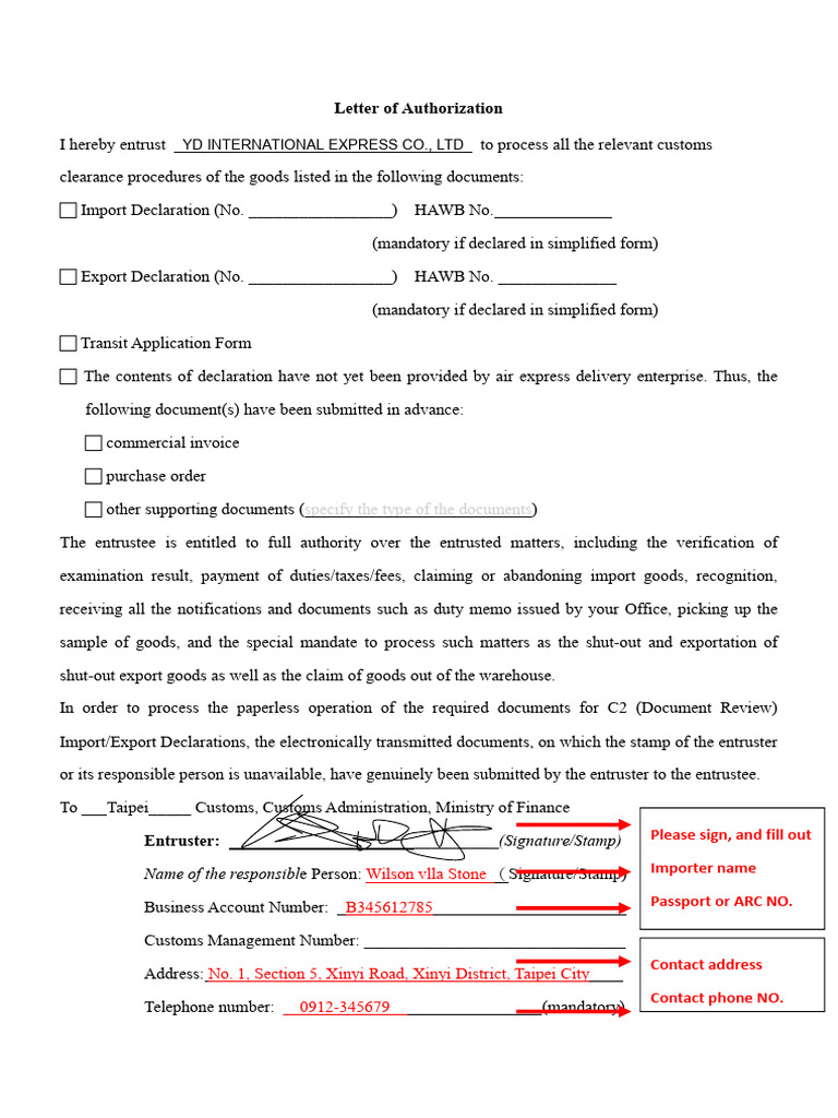 Letter-of-Authorization-YD-SAMPLE | PDF | Telephone | Customs