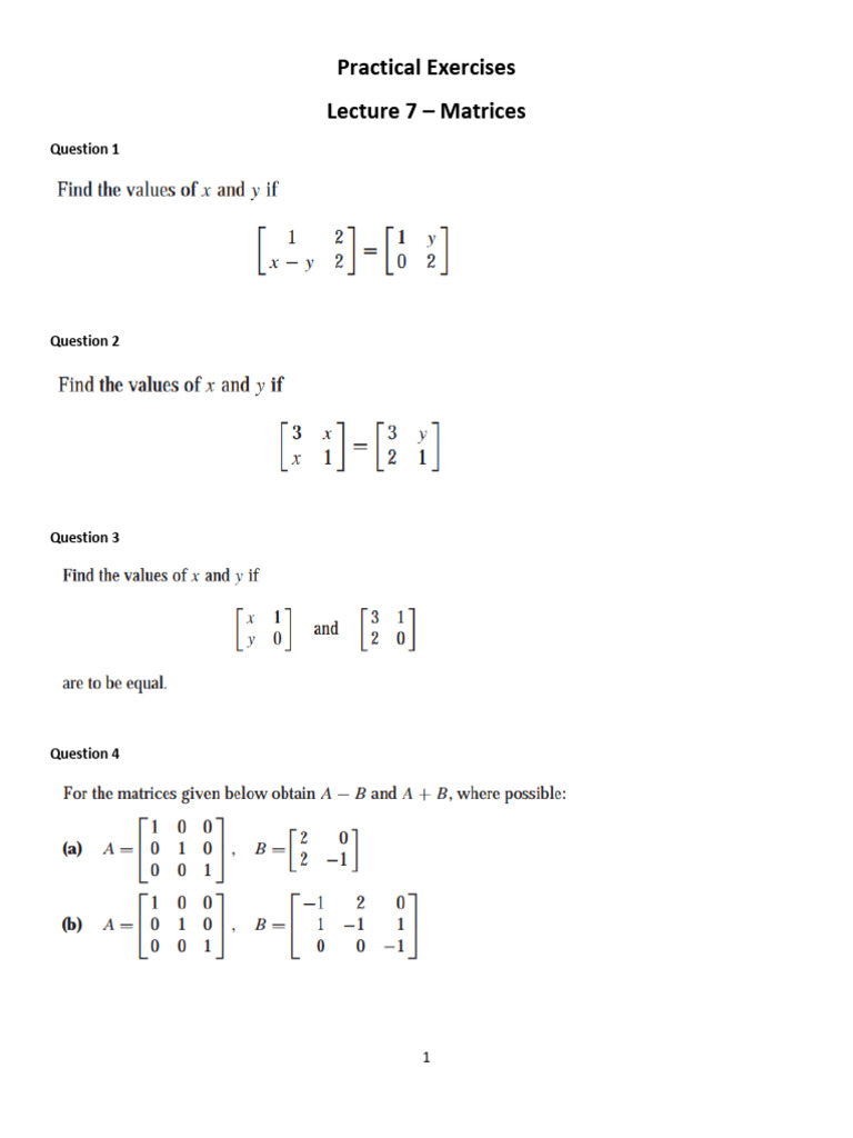Practical Exercises 7 - Matrices - STD | PDF