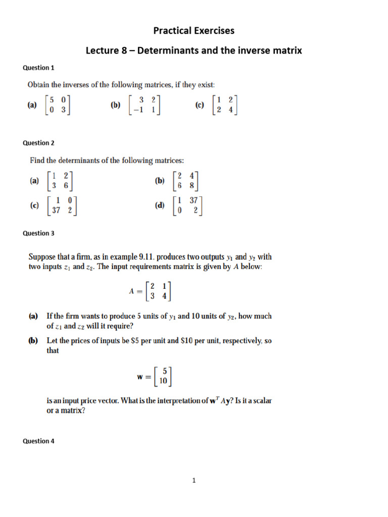 Practical Exercises 8 - Determinants and the inverse matrix _STD | PDF