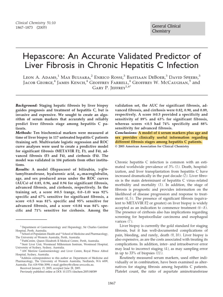 Adams-Hepascore - An Accurate Validated Predictor of Liver Fibrosis in Chronic Hepatitis C ...
