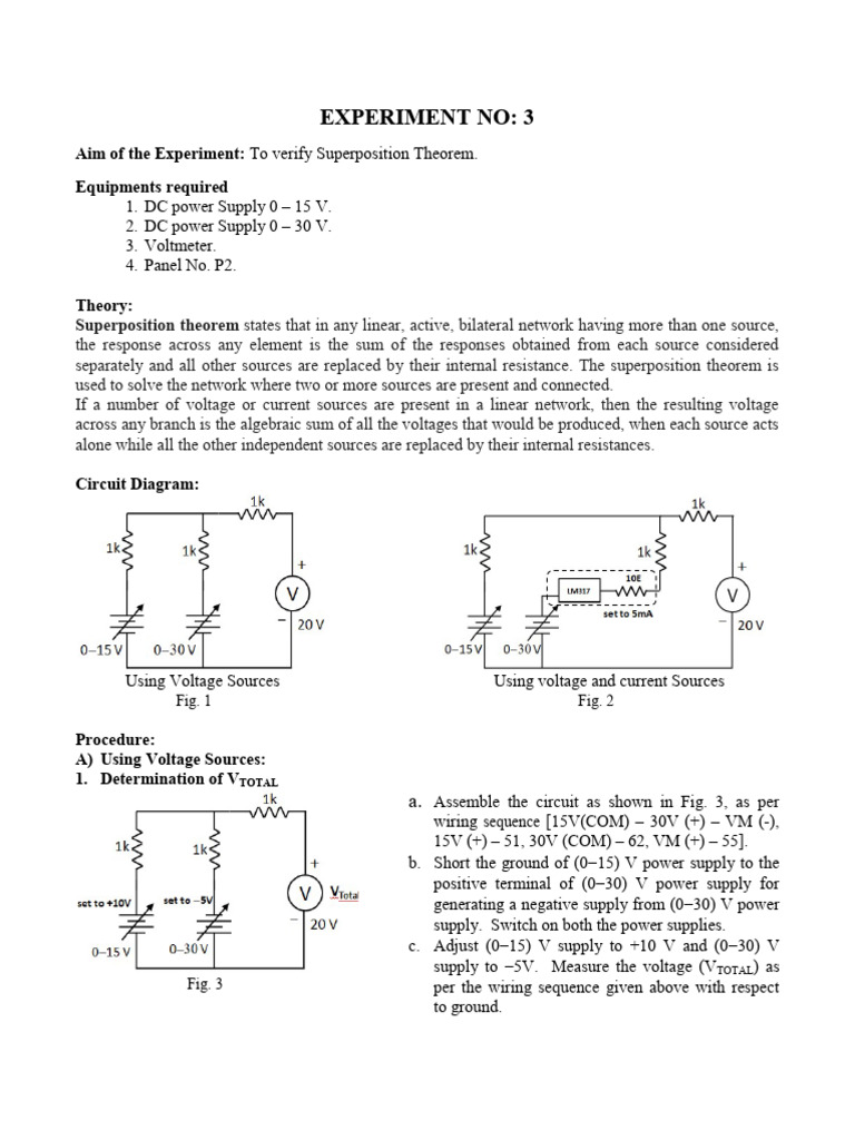 Verify Superposition Theorem Experiment | PDF | Power Supply | Voltage