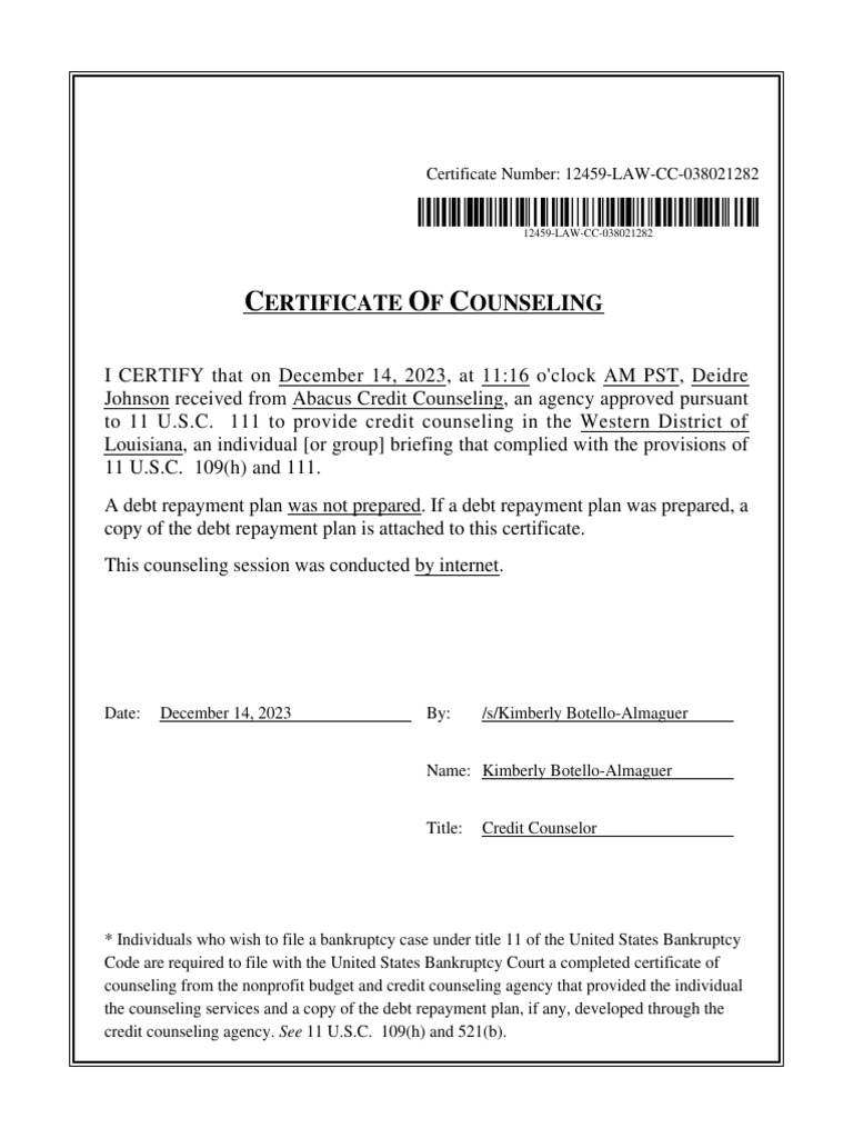 Abacus Credit Counseling Certificate | PDF