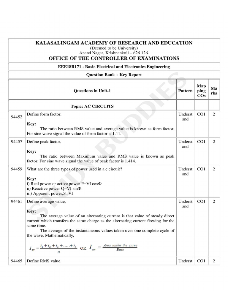 BEEE UNIT 1 QB WITH ANSWERS | PDF | Ac Power | Electrical Network