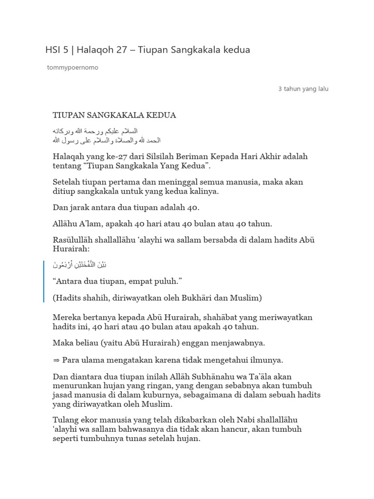 HSI 5 Halaqah 27 Ditiupnya Sangkakala Kedua | PDF