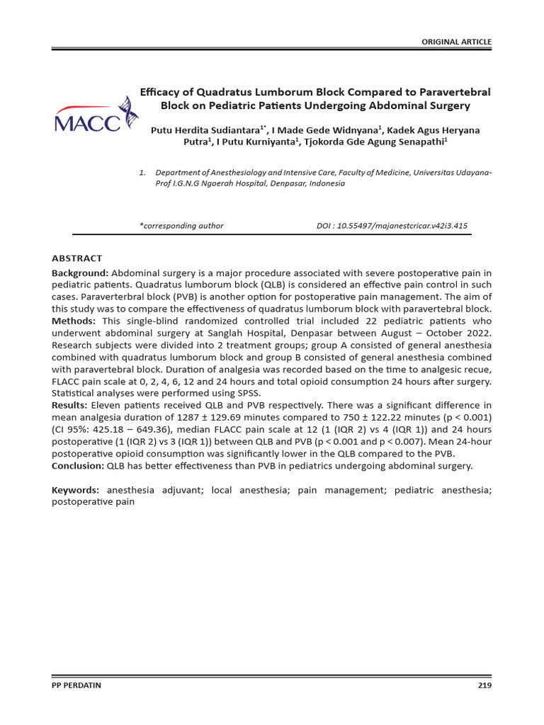 Efficacy Of Quadratus Lumborum Block Compared To P Pdf Anesthesia