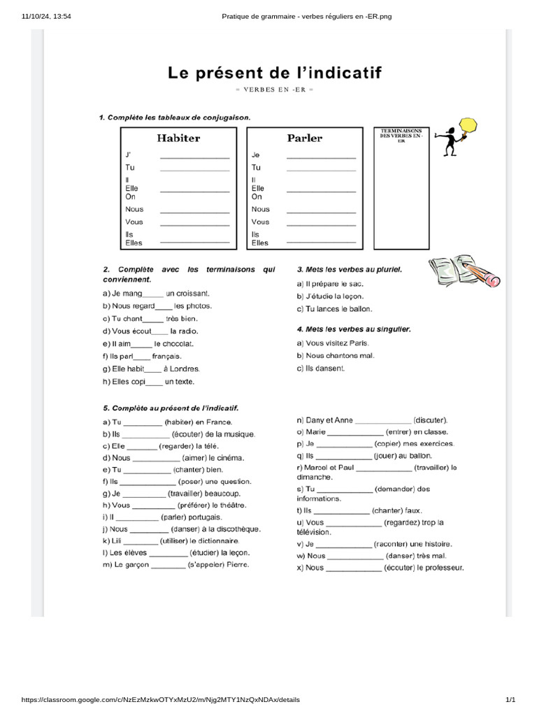 Pratique de Grammaire - Verbes Réguliers en - ER - PNG | PDF