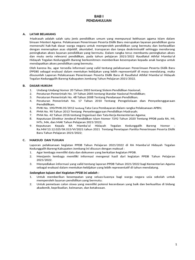 Laporan Kegiatan PPDB - Contoh RA | PDF