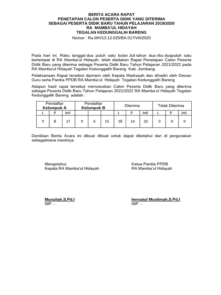 Berita Acara Rapat Penetapan Peserta PPDB Yang Diterima - Untuk RA | PDF