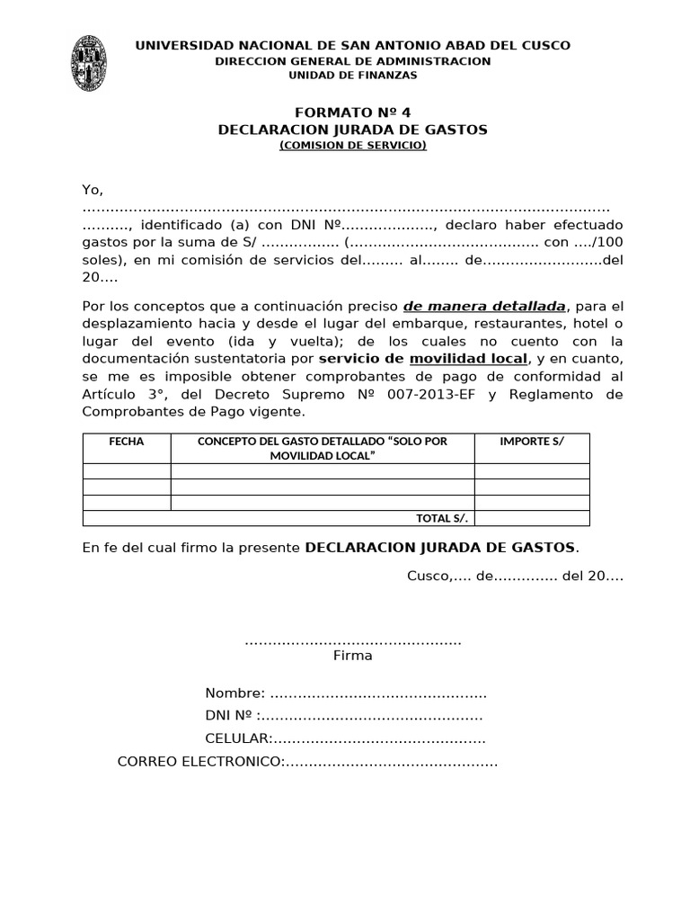 Formato #4 - Declaracion Jurada Comision de Servicio | PDF
