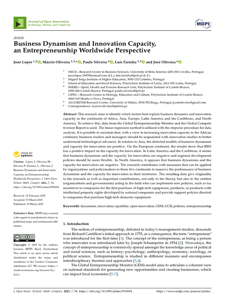 Business Dynamism and Innovation Capacity 2021 Journal of Open Innovation T | PDF ...