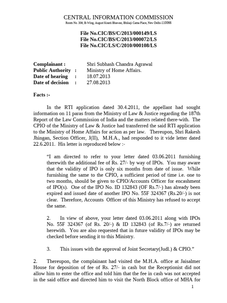 Decision Dated 27.08.2013 - Shri Subhash Chandra Agrawal vs. Ministry ...