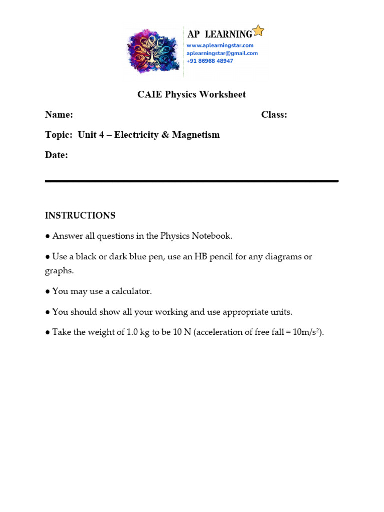 CAIE Physics - Unit 4 - Electricity & Magnetism - Worksheet 7 - Simple ...
