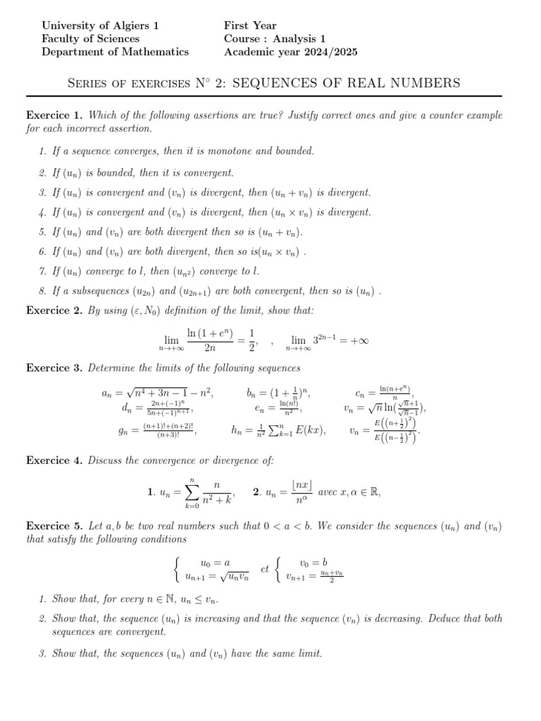 Analyse 1- Série 2 | PDF | Sequence | Mathematical Structures
