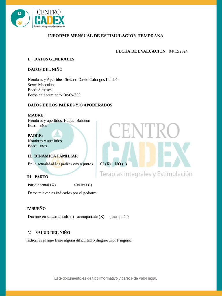 Informe de Estimulacion Temprana - Stefano 8 Meses | PDF | Cognición | Conceptos psicologicos