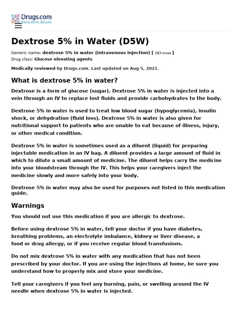 Dextrose 5% in Water (D5W) Intravenous - Drugs173 | PDF | Intravenous Therapy | Hypoglycemia