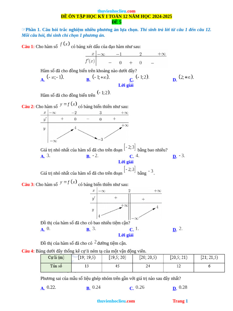 De On Tap HK1 Toan 12 CTST de 5 | PDF