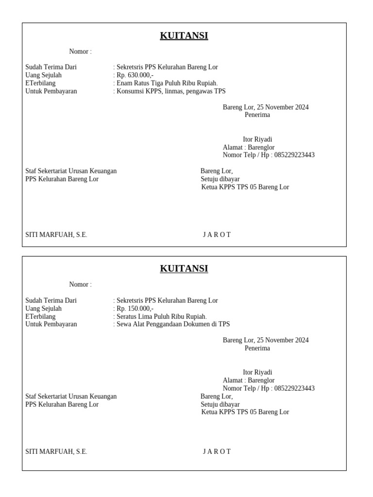 Kuitansi Pembayaran PPS Bareng Lor | PDF