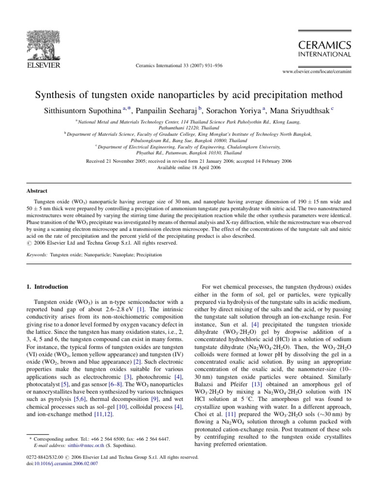 Tungsten Oxide Nanoparticle Synthesis | PDF | Tungsten | Nanoparticle